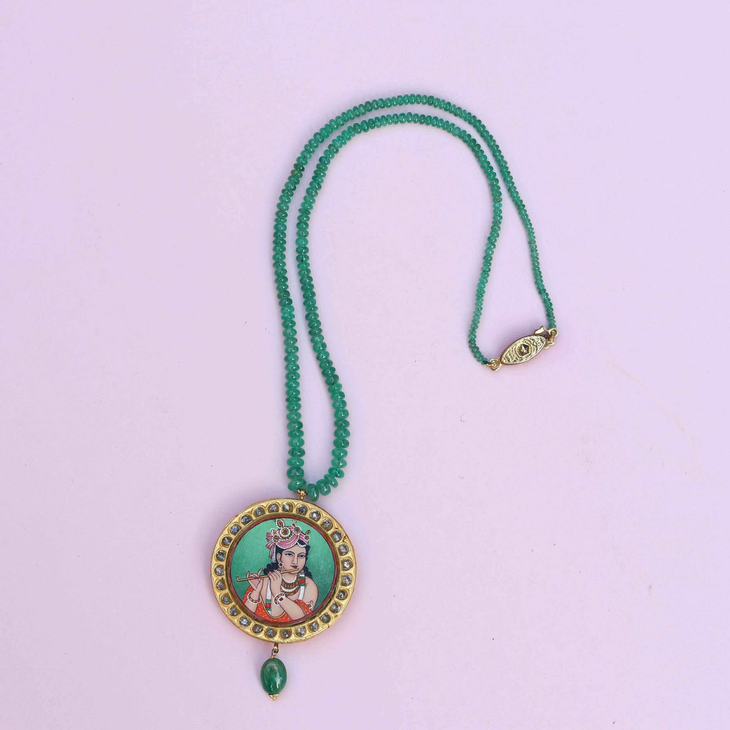 Krishna Photo Diamond Pendant in 22K Gold with Emerald – Tempus Gems
